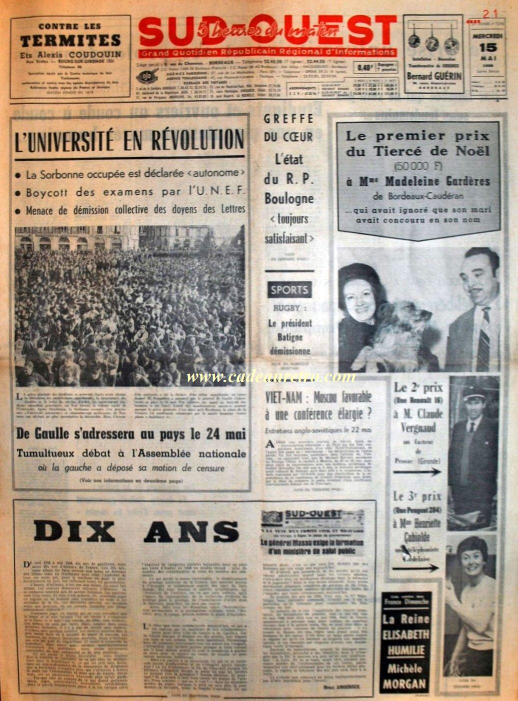 Les événements de mai 1968 en France - revue de presse du 15 mai 1968
